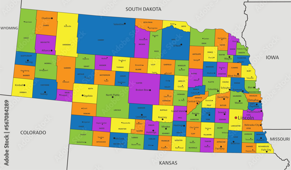 Colorful Nebraska political map with clearly labeled, separated layers ...