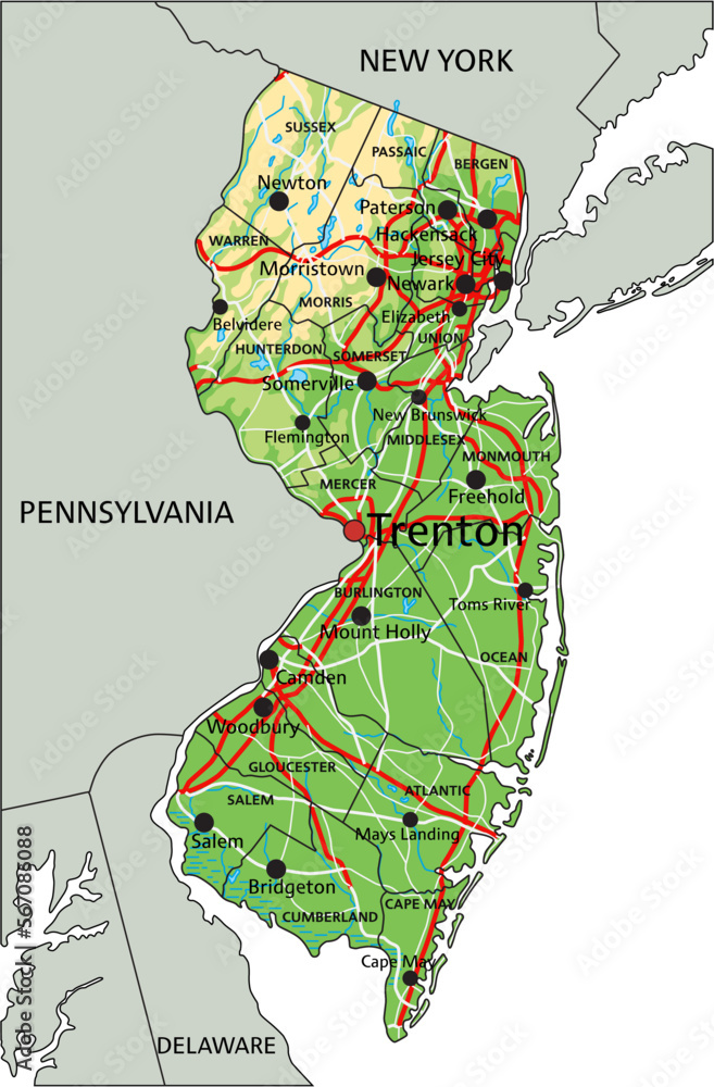 High detailed New Jersey physical map with labeling. Stock Vector ...