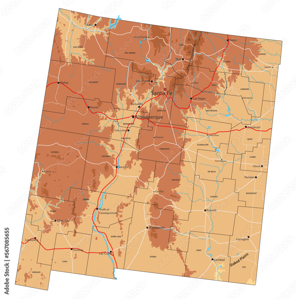 High detailed New Mexico physical map with labeling. Stock Vector ...