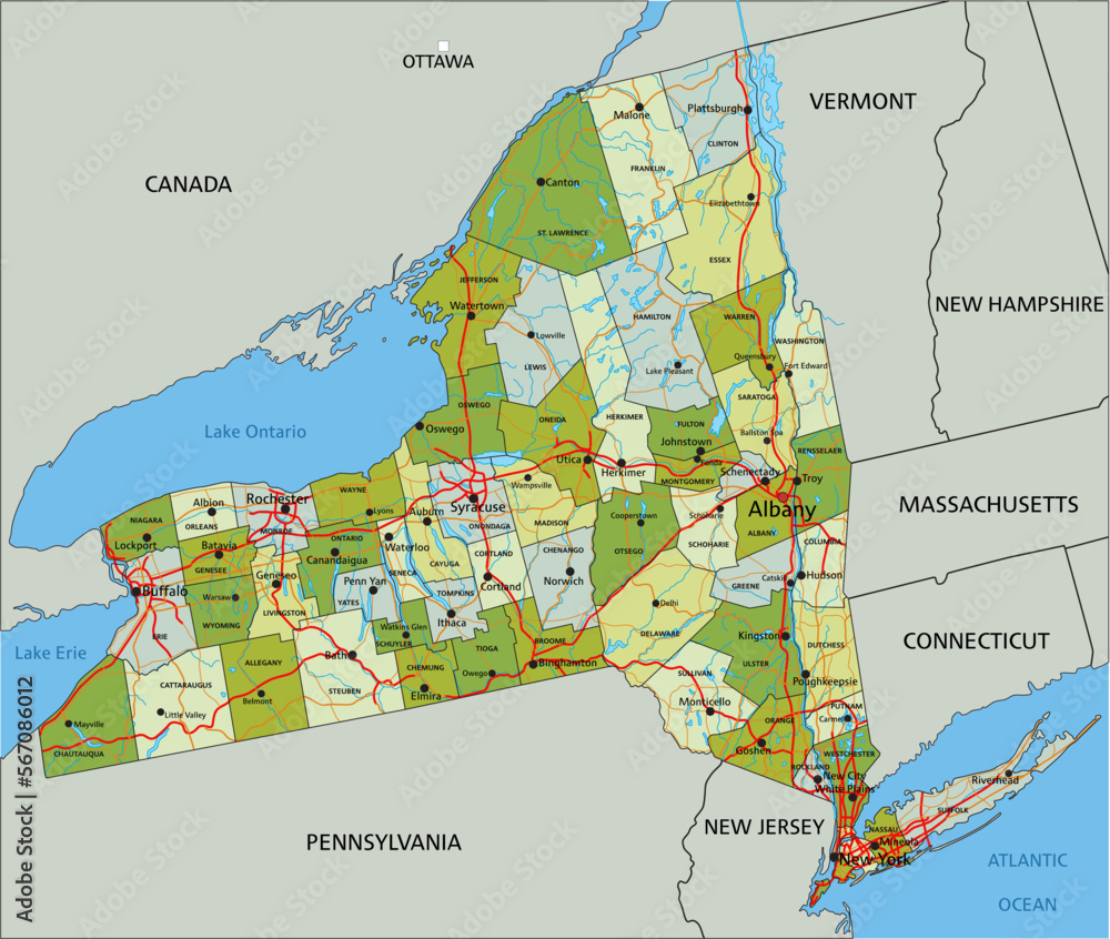 Highly detailed editable political map with separated layers. New York ...