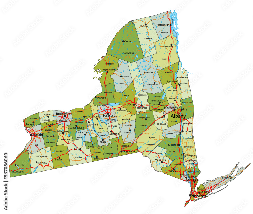 Highly detailed editable political map with separated layers. New York ...