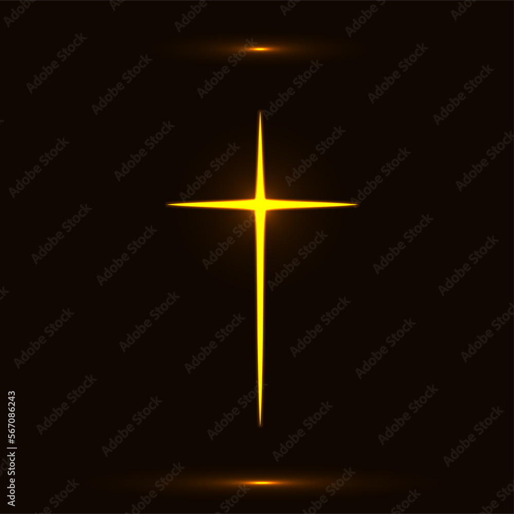 Golden Christian cross symbol over black background. Glowing fire cross ...