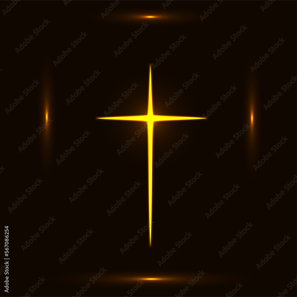 Golden Christian cross symbol over black background. Glowing fire cross ...