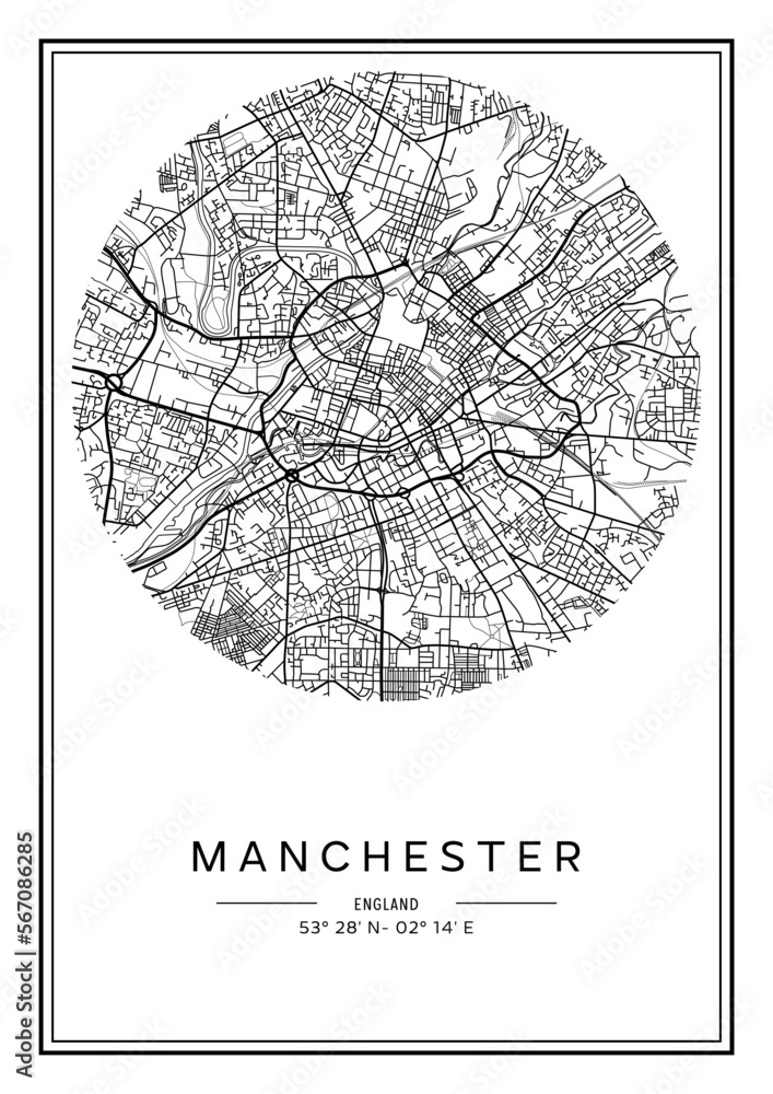 Black and white printable Manchester city map, poster design, vector ...