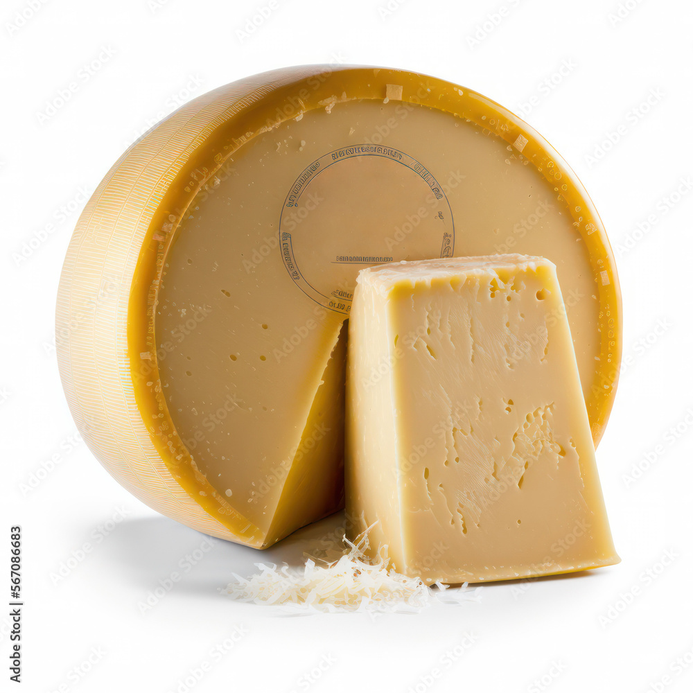 Detailed illustration of a wheel and wedge of Parmigiano Reggiano ...