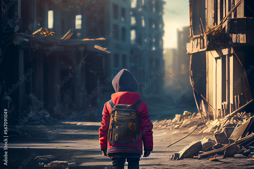 Lone child walking in destroyed city. Created with Generative AI ...