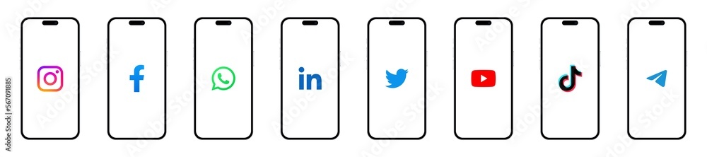 Social media logos or icons on iphone screens isolated. Logos on a ...