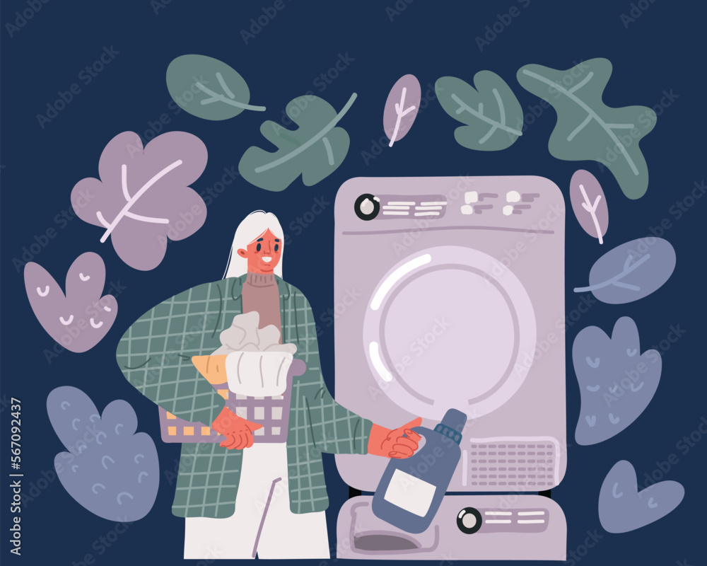 Cartoon vector illustration of Woman housewife washes clothes in the ...