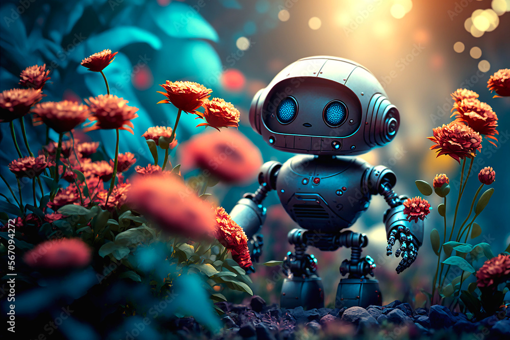 Cute little robot with flowers - Generative AI Stock Illustration ...
