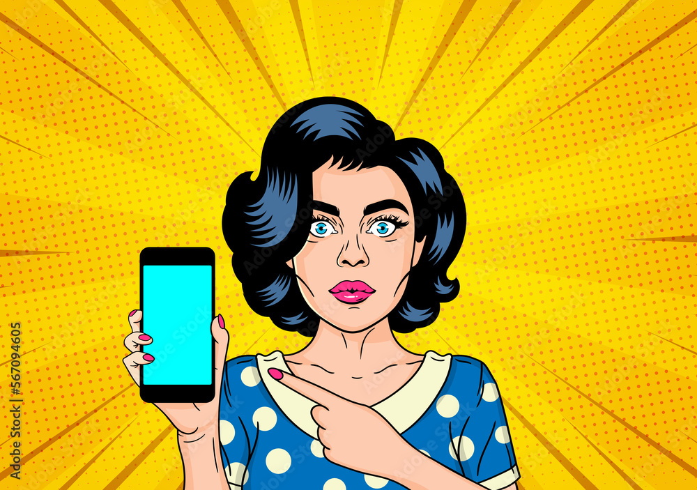 Attractive sexy girl in specs with a phone on her hand in a comic style ...