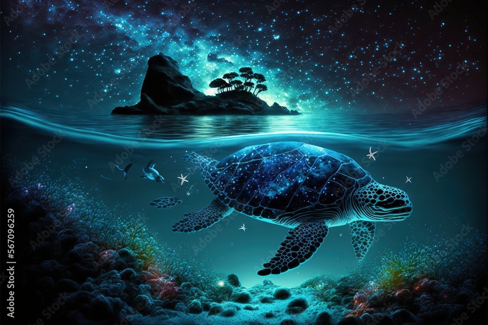 a painting of a turtle swimming in the ocean under a night sky with ...