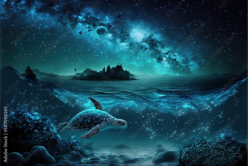 a painting of a turtle swimming in the ocean under a night sky with ...