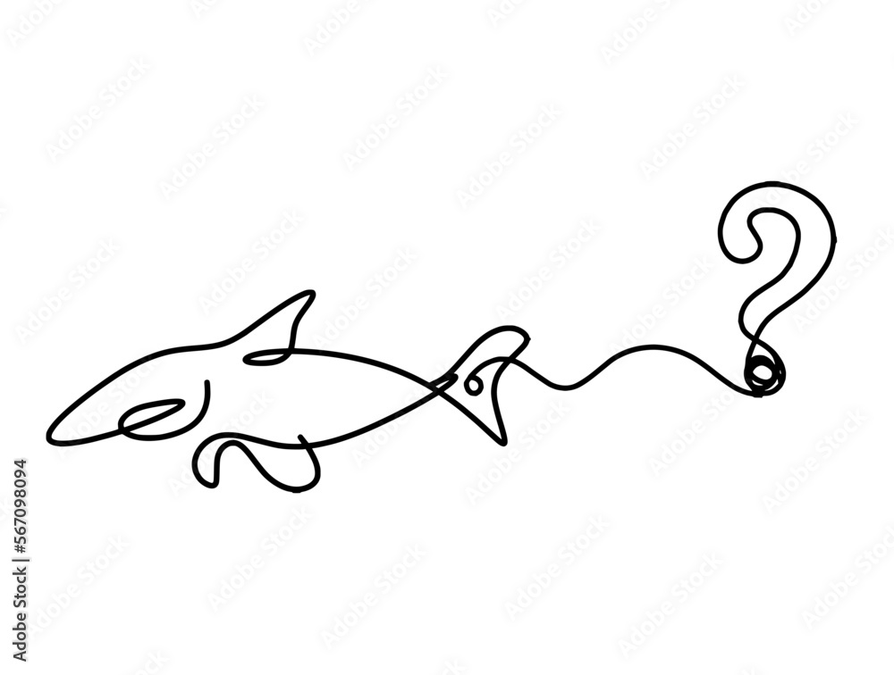 Silhouette of fish and question mark as line drawing on white ...