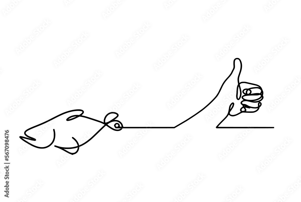 Silhouette of fish and hand as line drawing on white background Stock ...