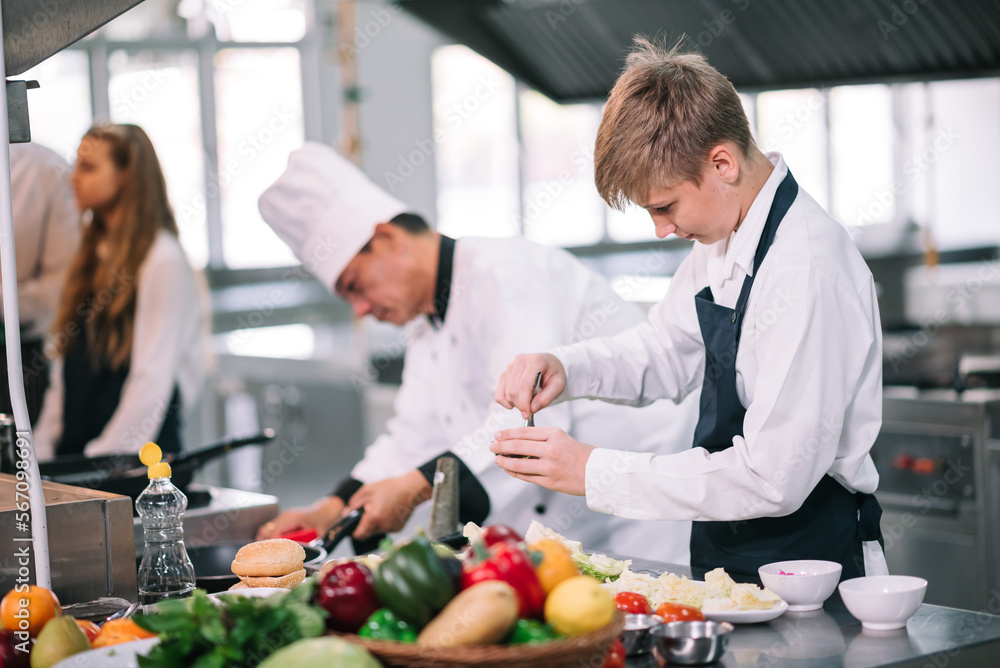 Group of diverse student chef learning cooking class in the kitchen ...