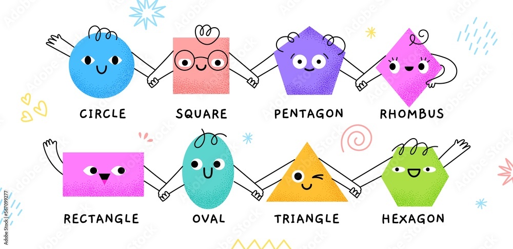 Funny basic shapes holding hands. Colorful geometric characters with ...