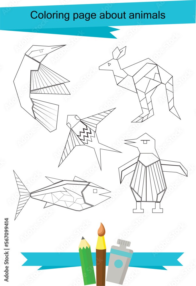 Origami coloring page for children about animals Stock Vector | Adobe Stock
