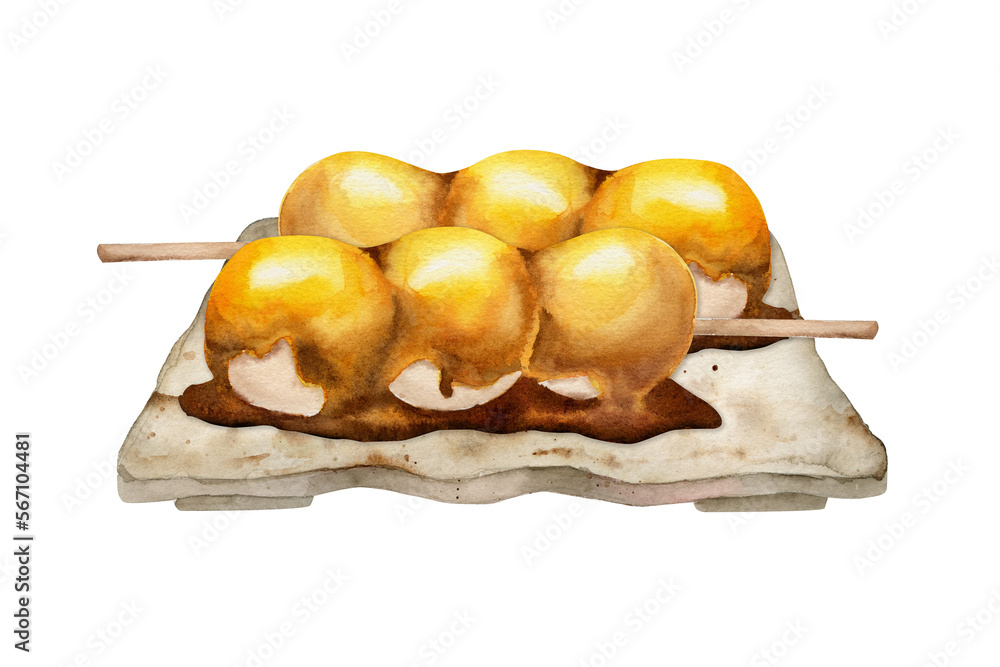 Watercolor hand drawn traditional Japanese sweets. Ceramic dish with ...
