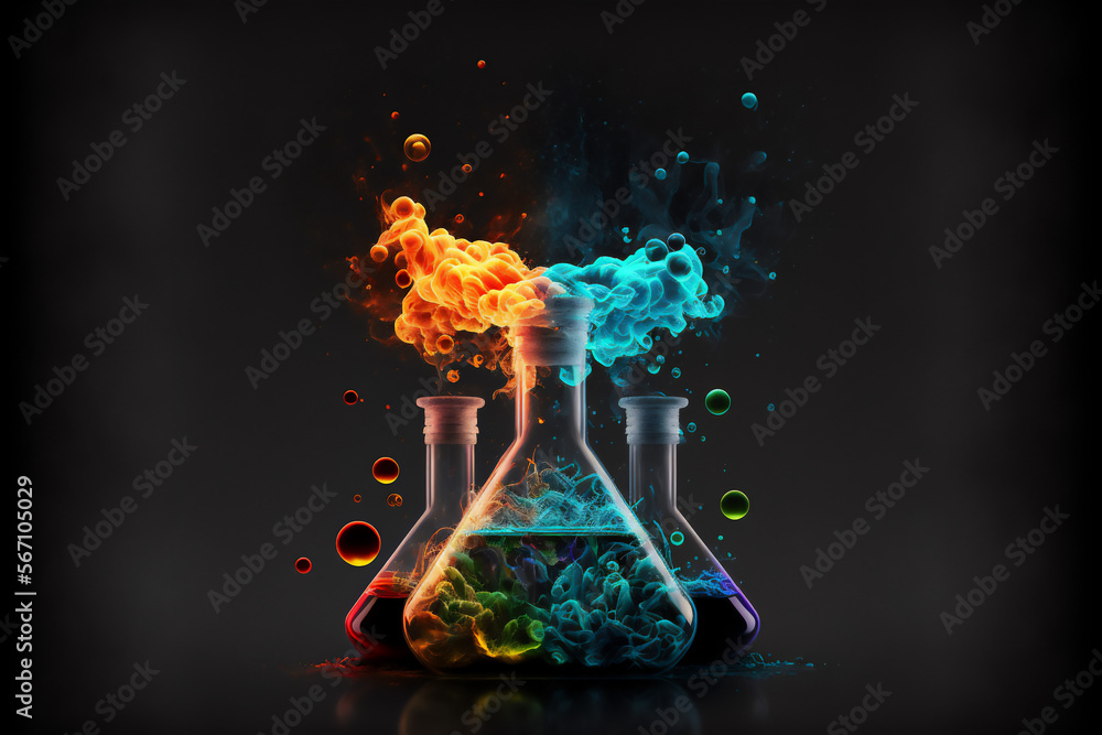 Chemistry: abstract photo of three different colorful chemical reagents ...