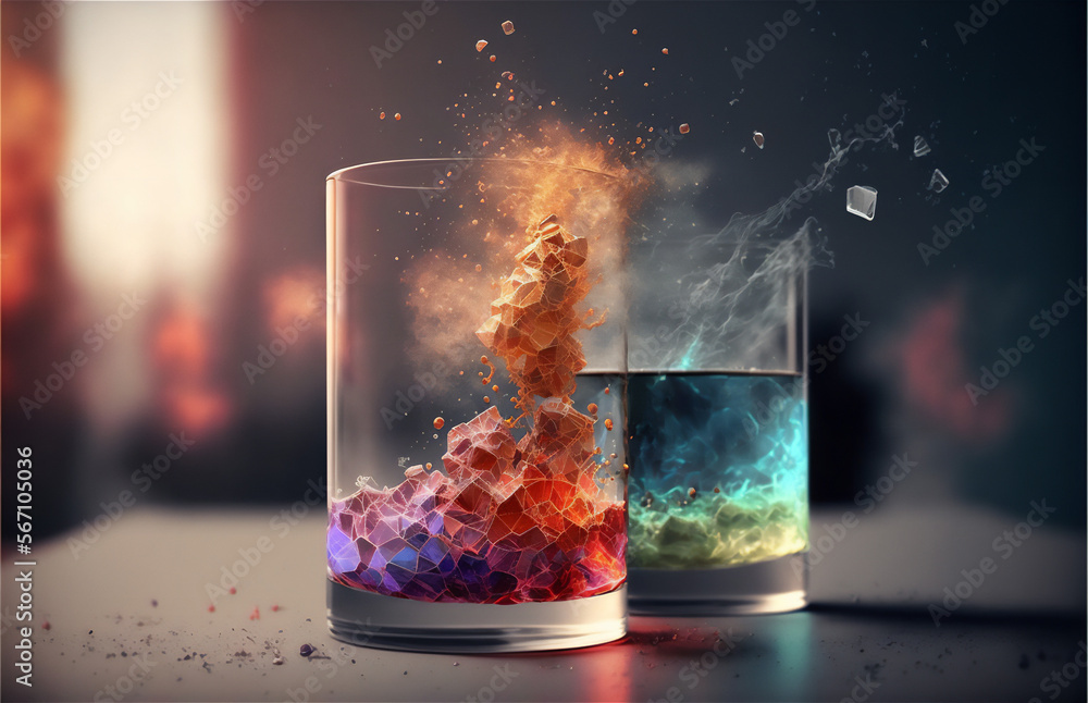 Chemistry: abstract photo of two different colorful chemical reagents ...