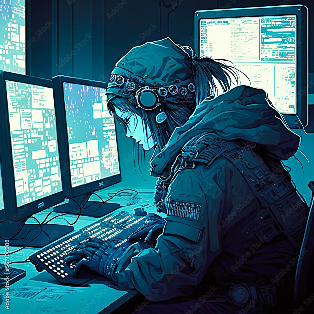 Cartoon drawing of a young female hacker - generative ai Stock ...