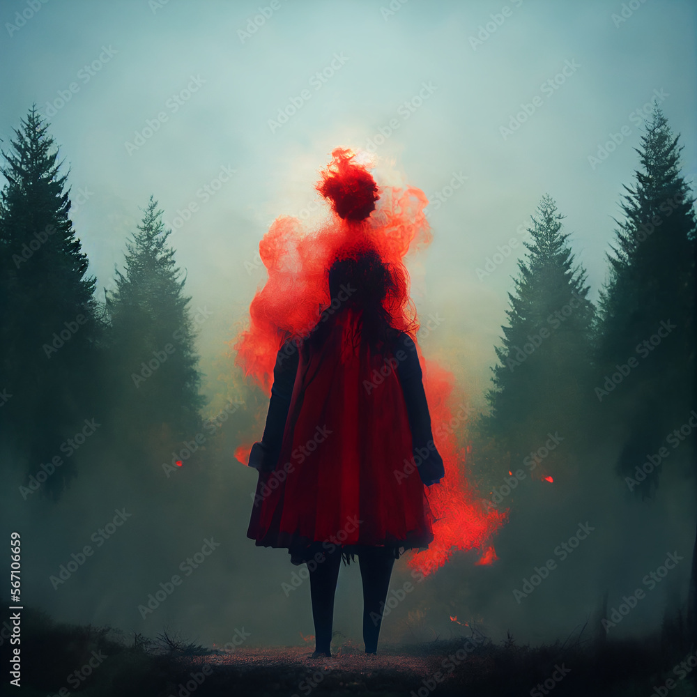Woman Red Forest Spirit Sprite Smoke Flame Cloak Fairy Tale Woods ...