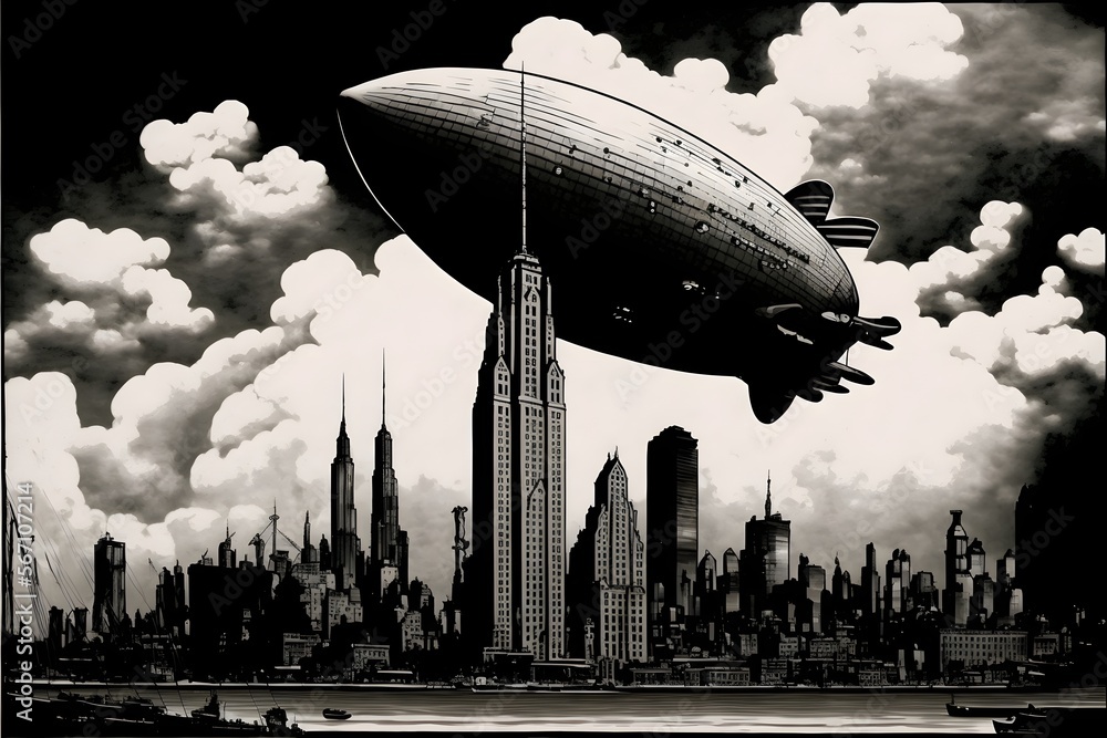 ink drawing of 1920s chicago skyline with a huge airship in the sky ...
