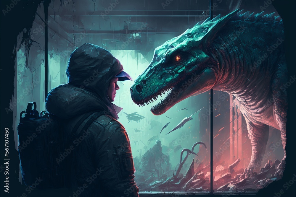 Best image with A hunter looked at the captured T-rex in an abandoned ...