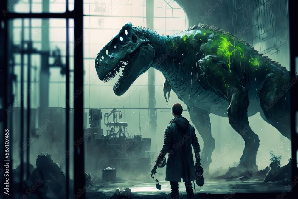 Poster Best image with A hunter looked at the captured T-rex in an abandoned lab, digit ...