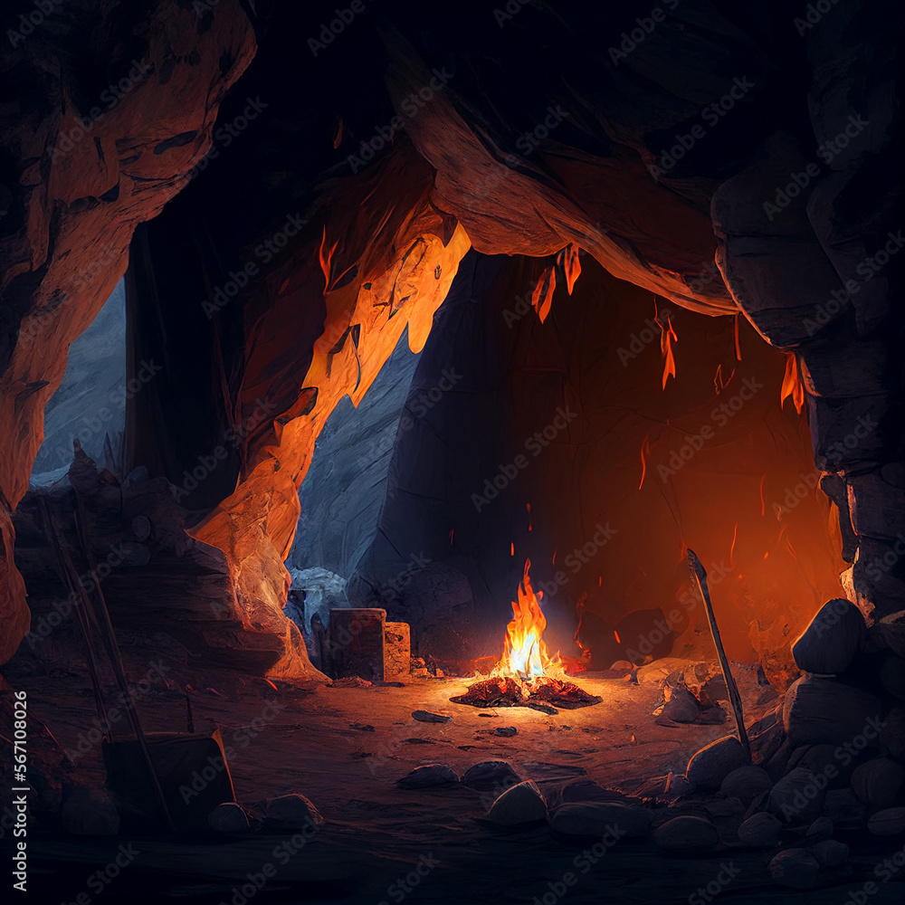 Cave Camp Campfire Fire Flames Heat Red Orange Blue Wood Generative AI ...