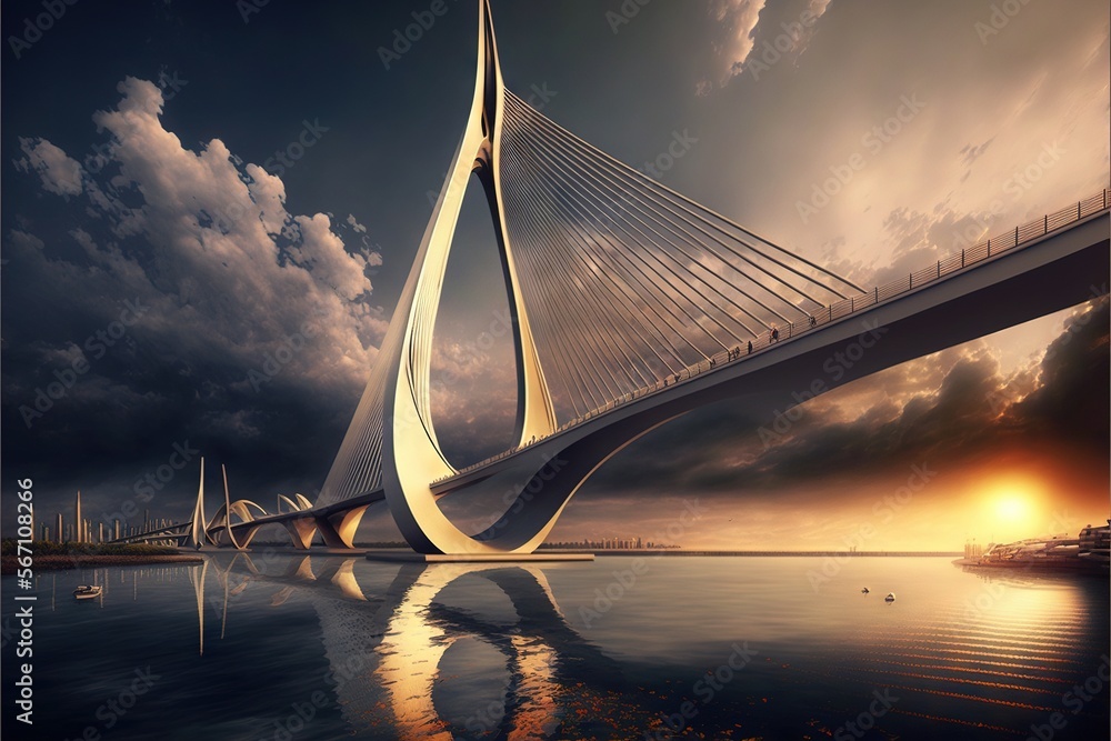 a large bridge spanning over a body of water under a cloudy sky with a ...