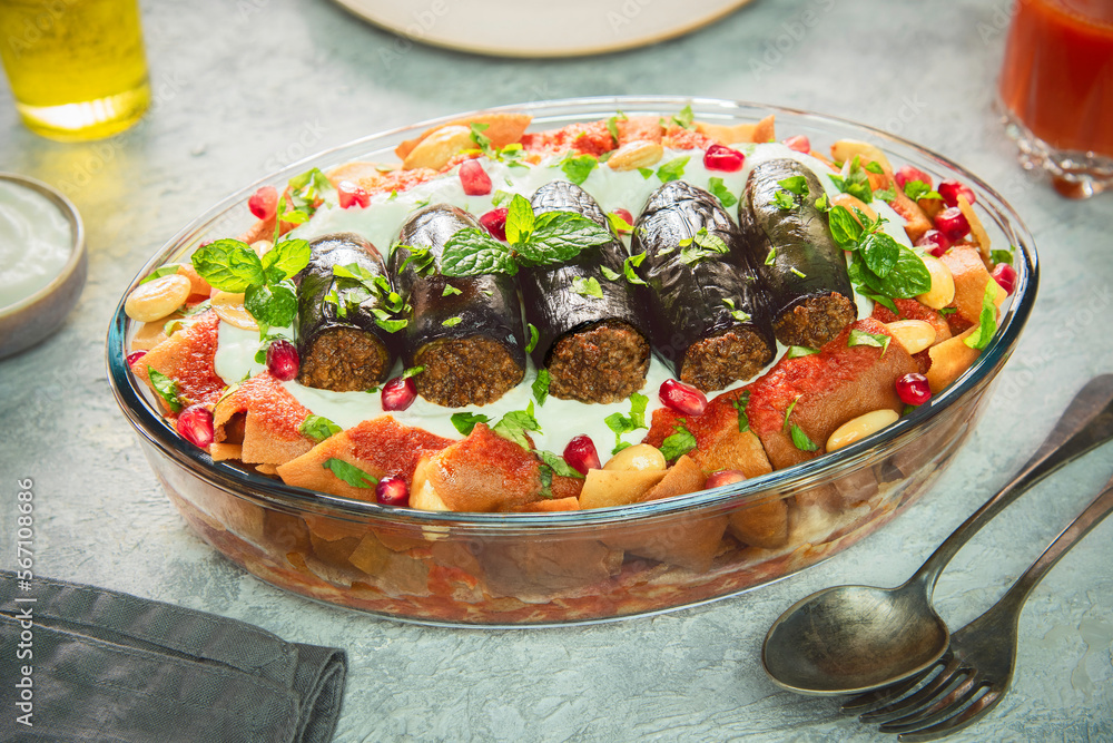 Arabic Cuisine; Middle Eastern traditional dish "Fattet Makdous". It is ...