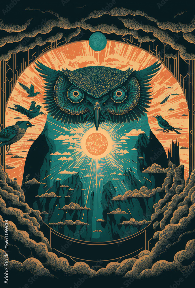 impressive surreal owl full body shot with amazing dark fantasy landscape and name banner gothic ...