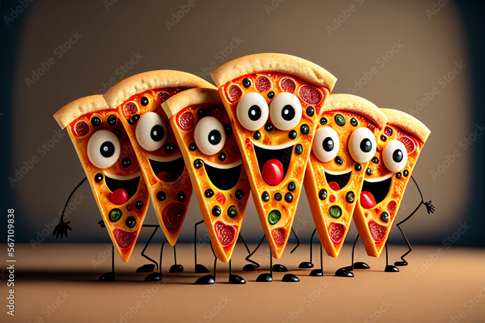 Cartoon character pizza slice snack food, Funny cheering and smiling ...
