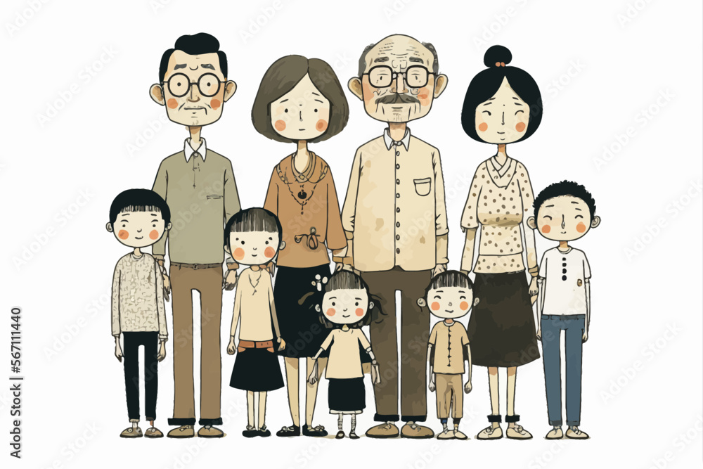 Vector illustration depicting a Chinese family through generations ...