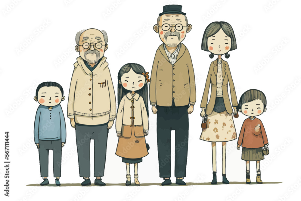 Vector illustration showing several generations of a Chinese family in ...