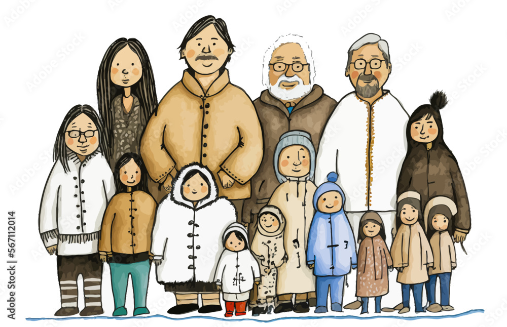 Vector illustration of a multigenerational Inuit family group. A ...