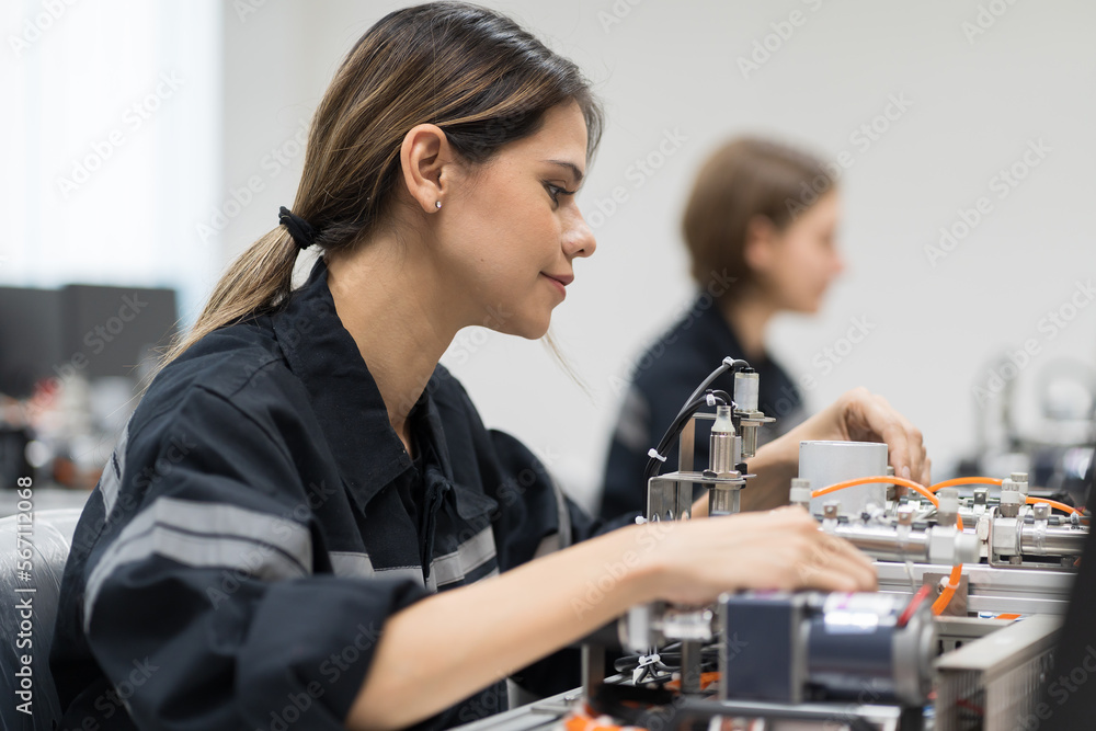 Team female engineer training Programmable logic controller with AI ...