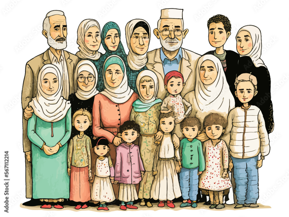 Vector illustration depicting several generations of the Palestinian ...