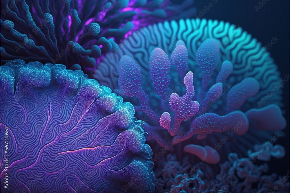 a close up of a bunch of different types of corals on a blue and purple ...