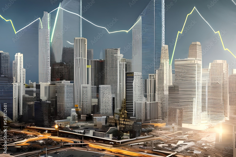 World economics charts above modern sky scraper business buildings ...