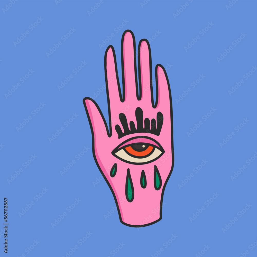 Vintage hands with an all-seeing eye. Psychedelic poster 60s. Hand ...