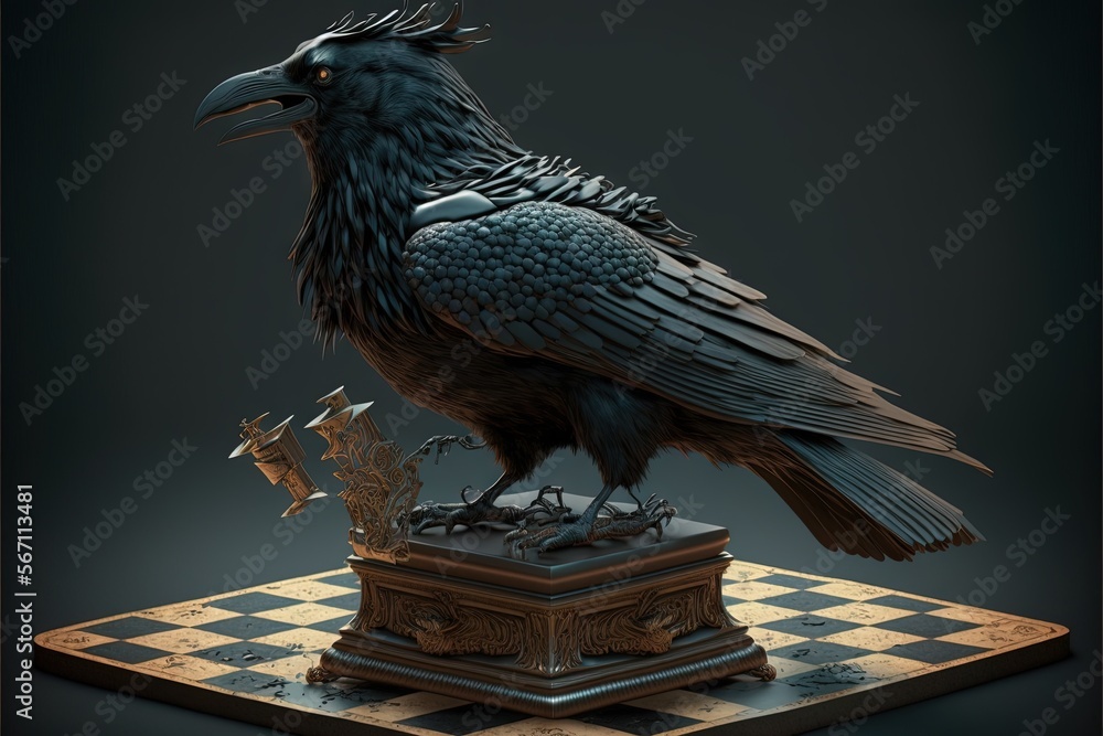 a black bird sitting on top of a chess board on top of a chess board ...