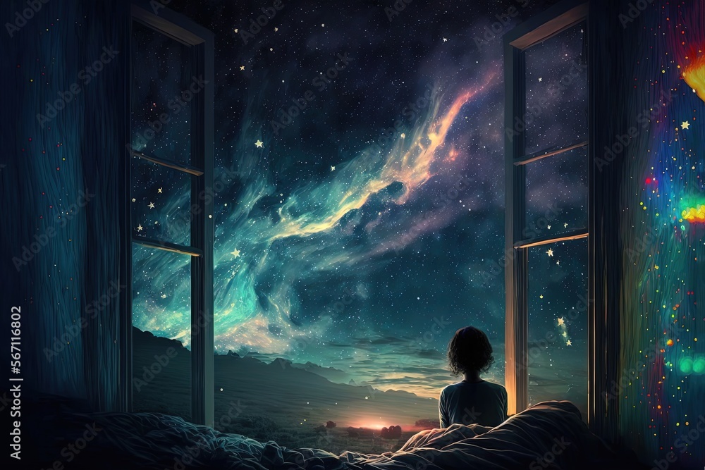 a kid watching out at big window open to galaxy sky, midnight time ...