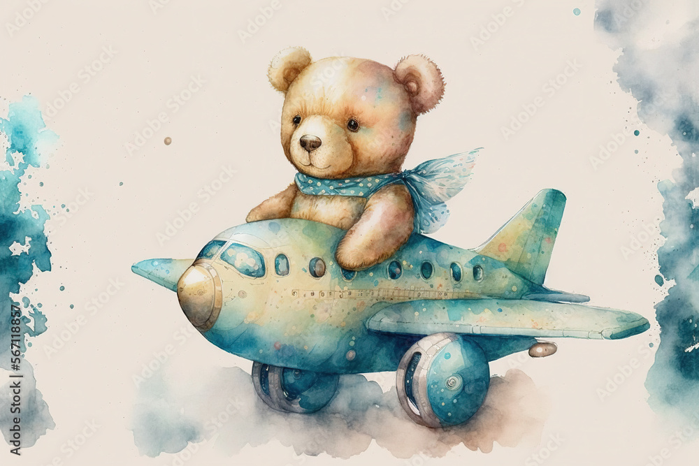 Teddy bear flying a plane watercolor, Generative AI Stock Illustration ...