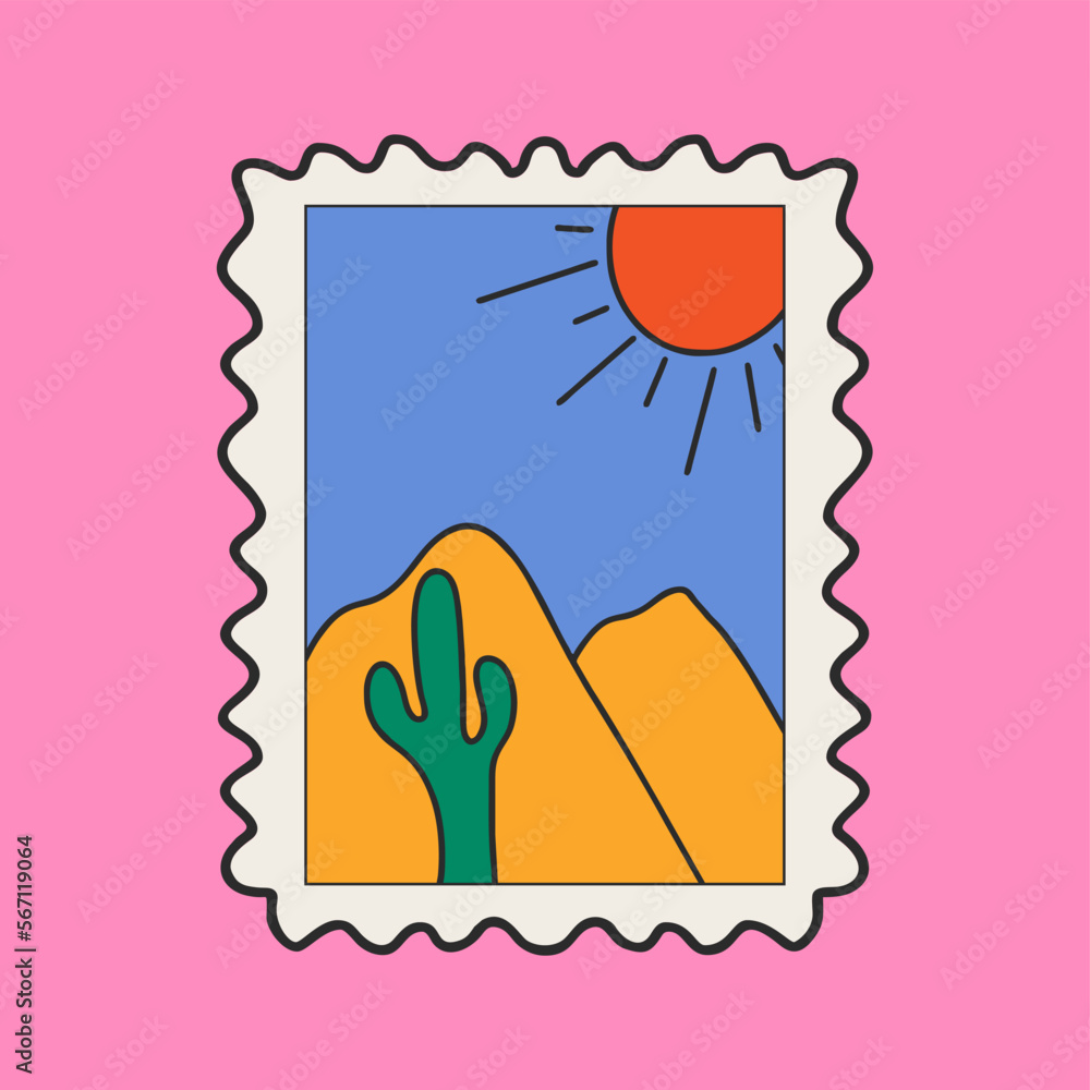 Clockwork sticker, postage stamp, mountain sun and cactus. Funky ...