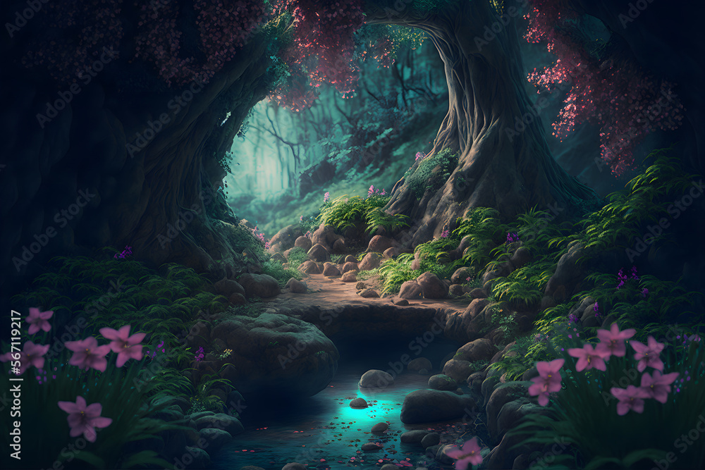Beautiful magical forest fabulous trees. Mystic Forest landscape, sun ...
