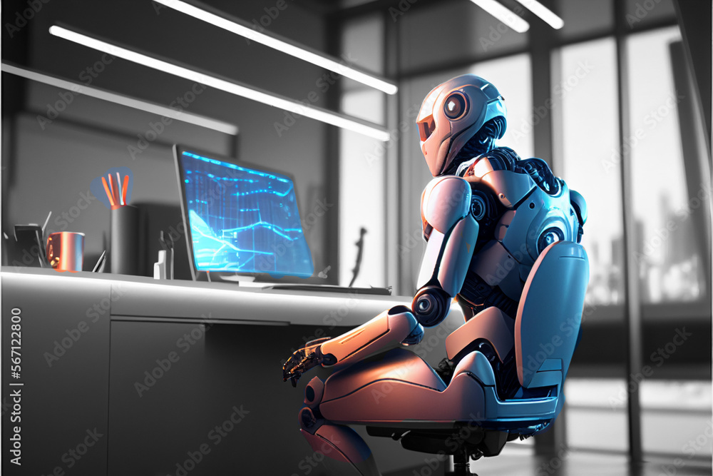 AI artificial intelligence robot android white seated at a desk in a ...