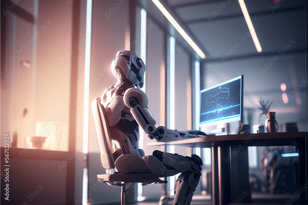 AI artificial intelligence robot machine android white seated at a desk ...