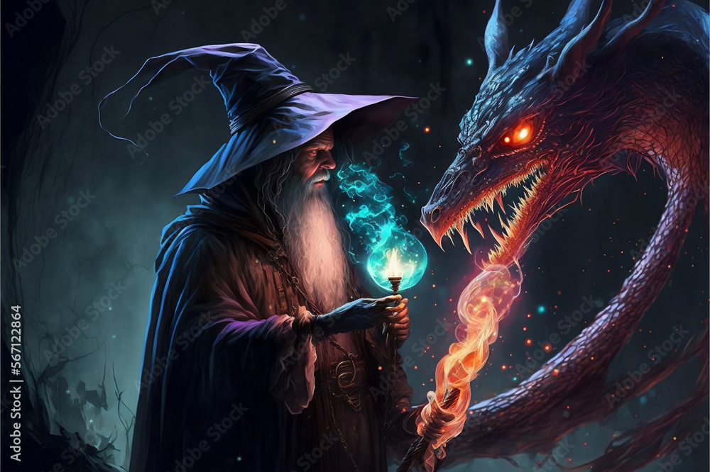 Wizard with a magic wand summoning the dragon, digital art style Stock ...